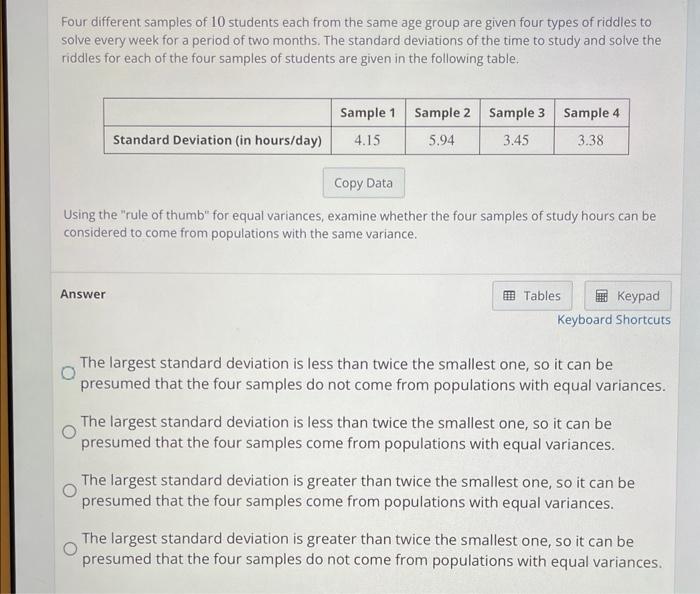 Solved Four different samples of 10 students each from the | Chegg.com