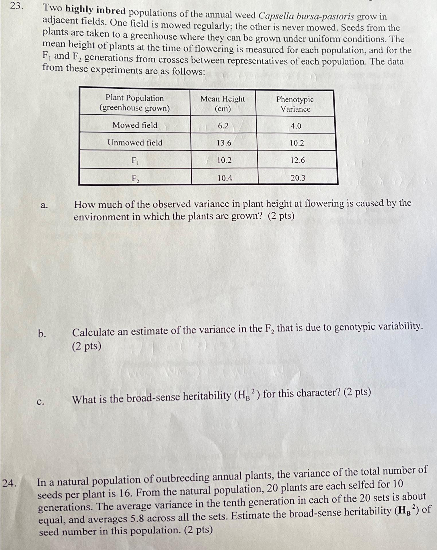 Solved Two highly inbred populations of the annual weed | Chegg.com