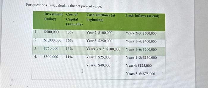 Solved For questions 1-4, calculate the net present value. | Chegg.com