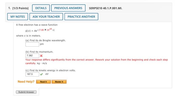 Solved A free electron has a wave function | Chegg.com