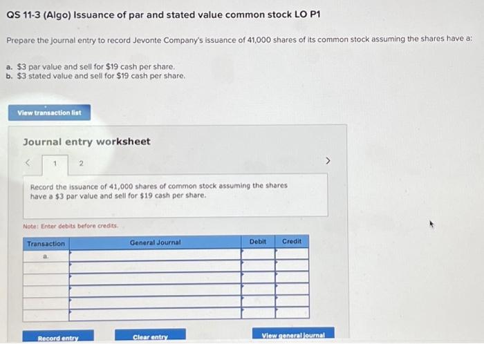 Solved QS 11-3 (Algo) Issuance of par and stated value | Chegg.com