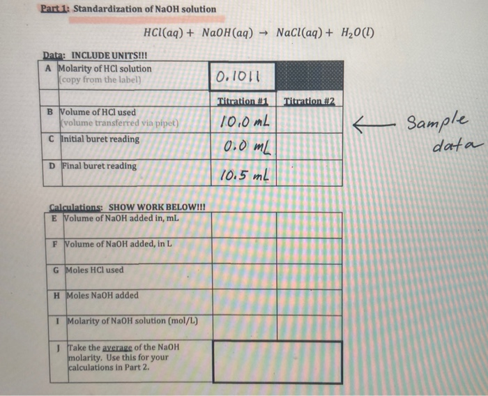 Solved Part 1: Standardization of NaOH solution HCl(aq) + | Chegg.com