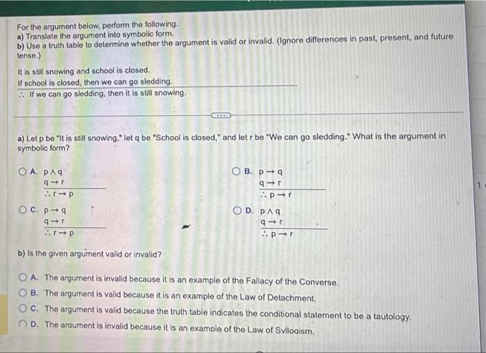 Solved For the argument below, perform the following. a) | Chegg.com