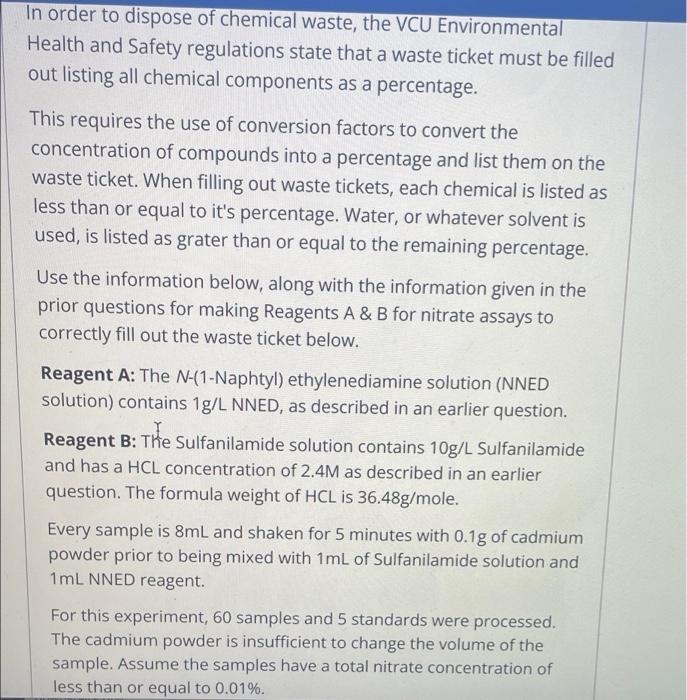 Solved In order to dispose of chemical waste, the VCU | Chegg.com