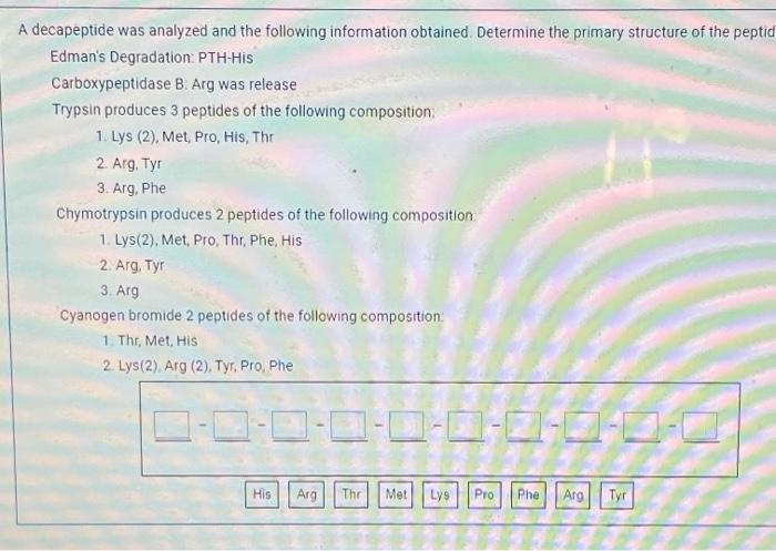 Solved A decapeptide was analyzed and the following | Chegg.com