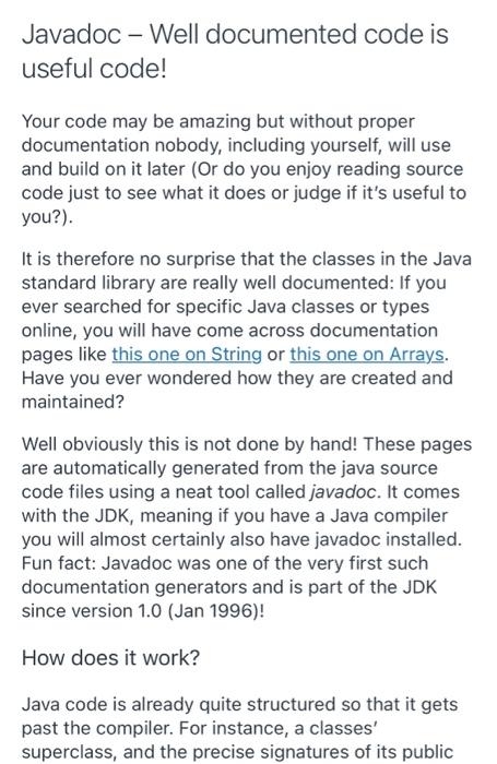 Solved Javadoc - Well documented code is useful code! Your | Chegg.com