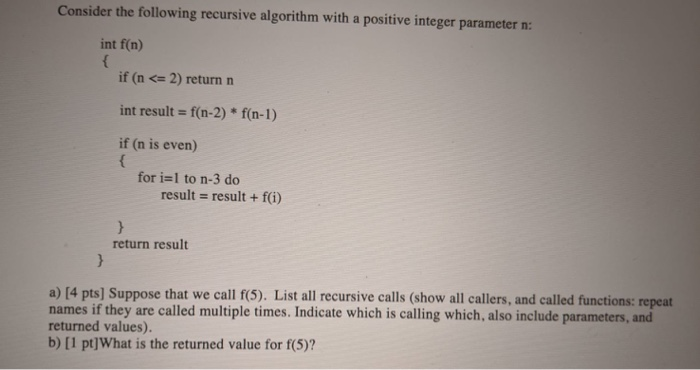 Solved Consider The Following Recursive Algorithm With A