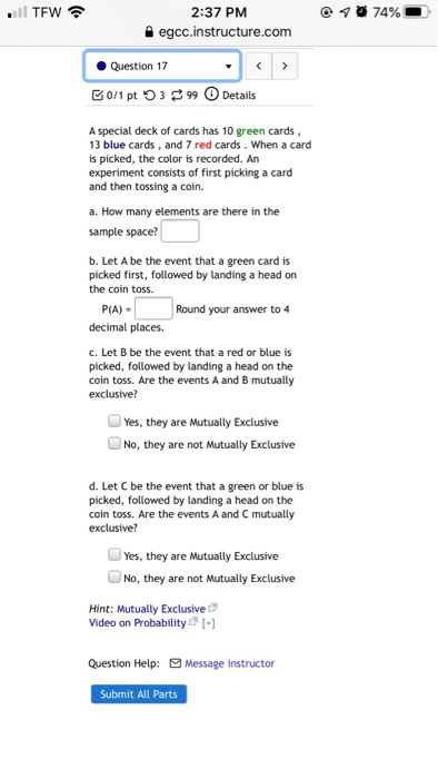 Solved . TEW 74% 2:37 PM egcc.instructure.com Question 17 | Chegg.com