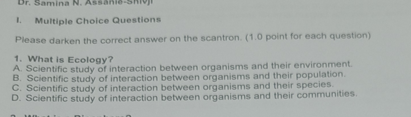 Solved I. Multiple Choice QuestionsPlease darken the correct | Chegg.com