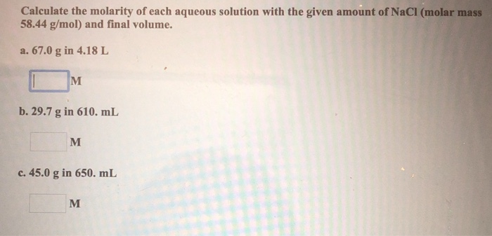 Solved Calculate the molarity of each aqueous solution with | Chegg.com
