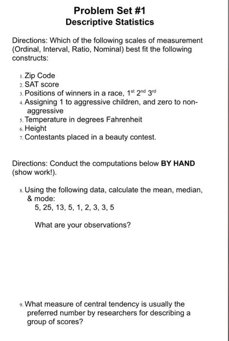 Solved Problem Set #1 Descriptive Statistics Directions: | Chegg.com
