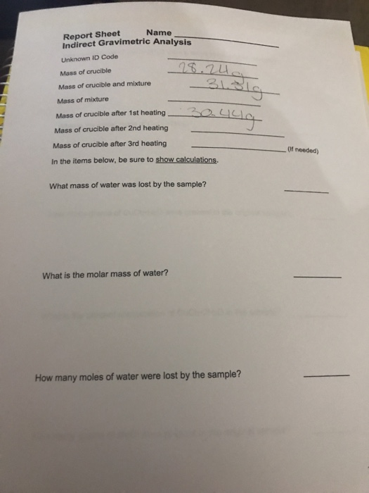 Solved Report Sheet Name Indirect Gravimetric Analysis | Chegg.com