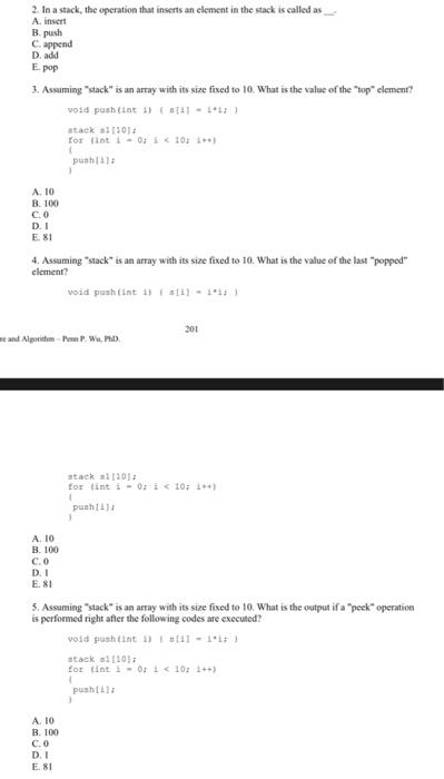 Solved 2. In a stack, the operation that inserts an element | Chegg.com