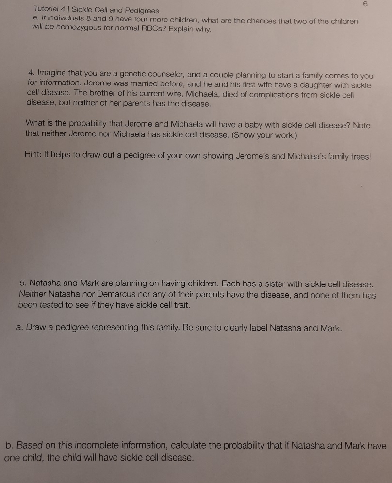 Solved Tutorial 4 | ﻿Sickle Cell and Pedigrees6e. ﻿If | Chegg.com