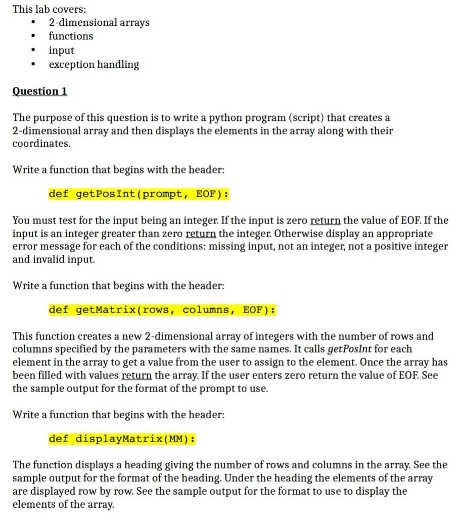 Solved This lab covers: - 2-dimensional arrays - functions - | Chegg.com