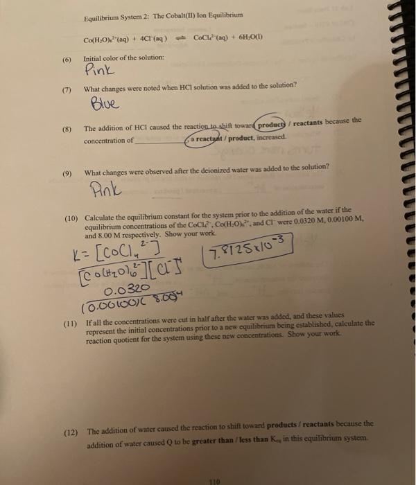 Solved Equilibrium System 2: The Cobalt(II) Ion Equilibrium | Chegg.com