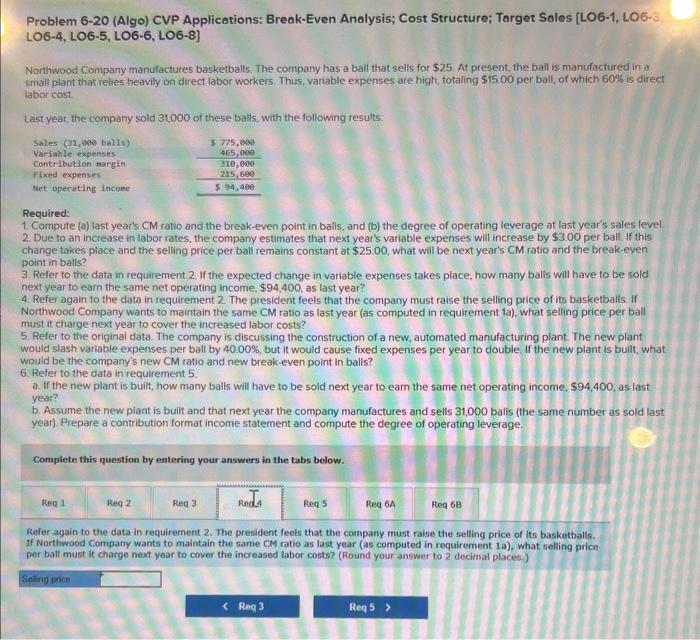 Solved Problem 6-20 (Algo) CVP Applications: Break-Even | Chegg.com