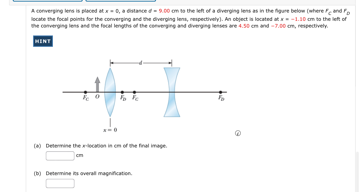 Solved A converging lens is placed at x=0, ﻿a distance | Chegg.com