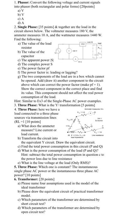 Solved 1. Phasor: Convert the following voltage and current | Chegg.com
