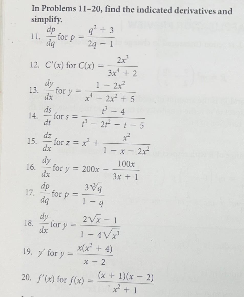 Solved In Problems 11-20, ﻿find the indicated derivatives | Chegg.com