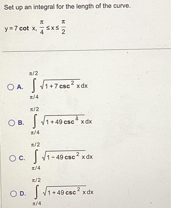 Solved Set up an integral for the length of the curve. \\[ | Chegg.com