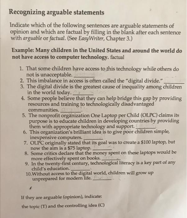 Solved Recognizing arguable statements Indicate which of the | Chegg.com