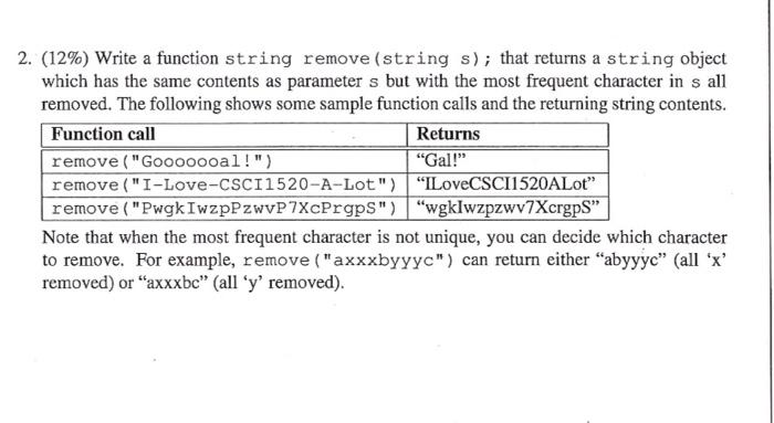 Solved 2. (12\%) Write a function string remove (string s) ; | Chegg.com