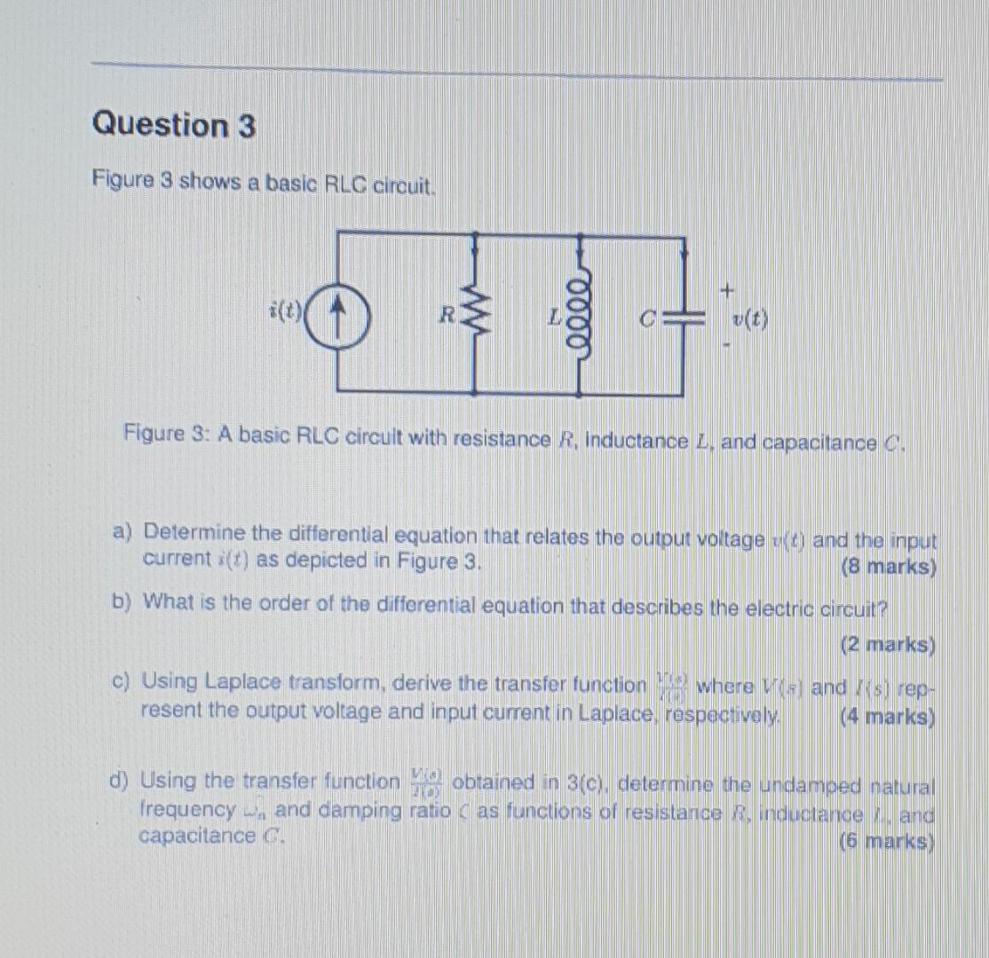 Solved Question 3 Figure 3 shows a basic RLC circuit. R u(t) | Chegg.com