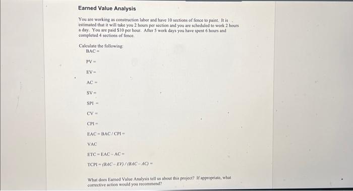 Solved Earned Value Analysis You are working as construction | Chegg.com