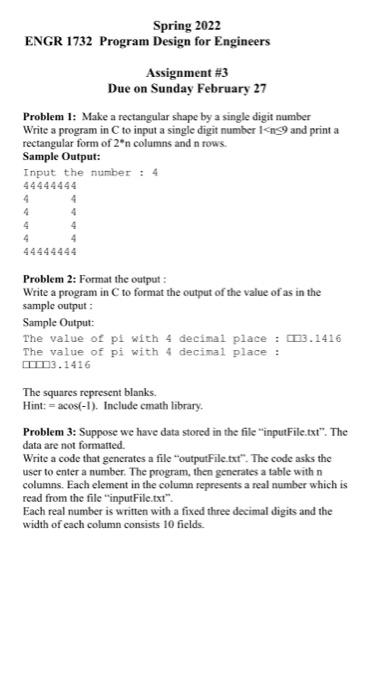 Solved Spring 2022 ENGR 1732 Program Design for Engineers | Chegg.com