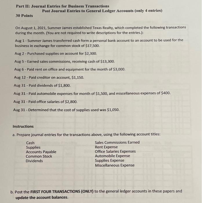Solved Part II: Journal Entries for Business Transactions 30 | Chegg.com
