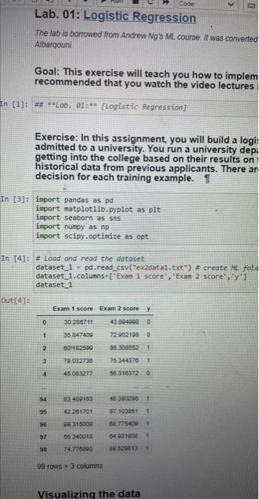 Lab. 01: Logistic Regression The lab is borrowed fram | Chegg.com