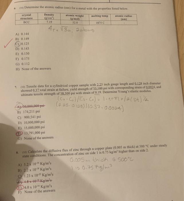Solved 6. (10) Determine the atomic radius (nm) for a metal | Chegg.com