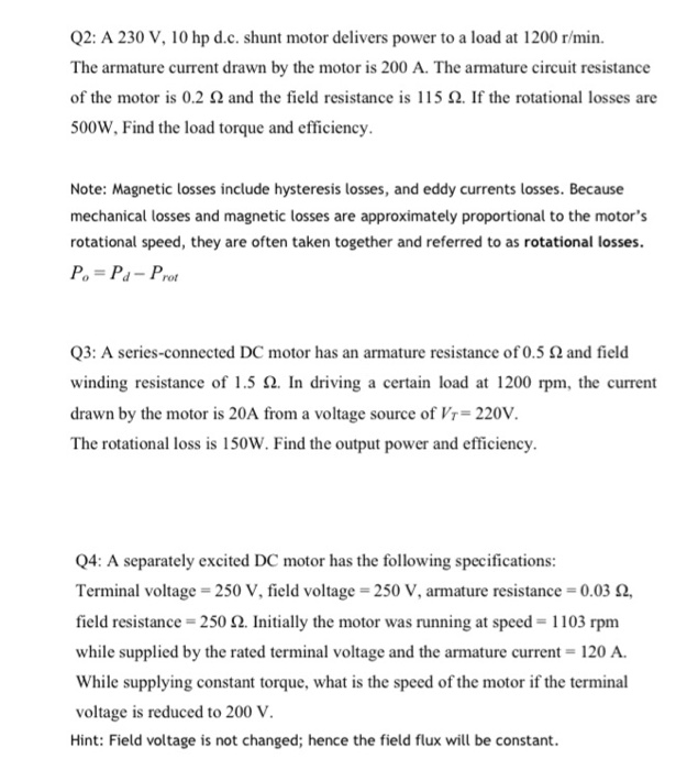Solved Q2 A 230 V 10 Hp D c Shunt Motor Delivers Power To Chegg