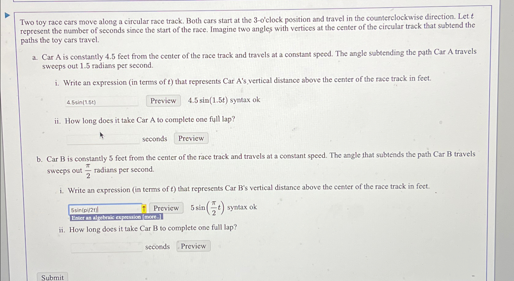 Solved Two toy race cars move along a circular race track. | Chegg.com