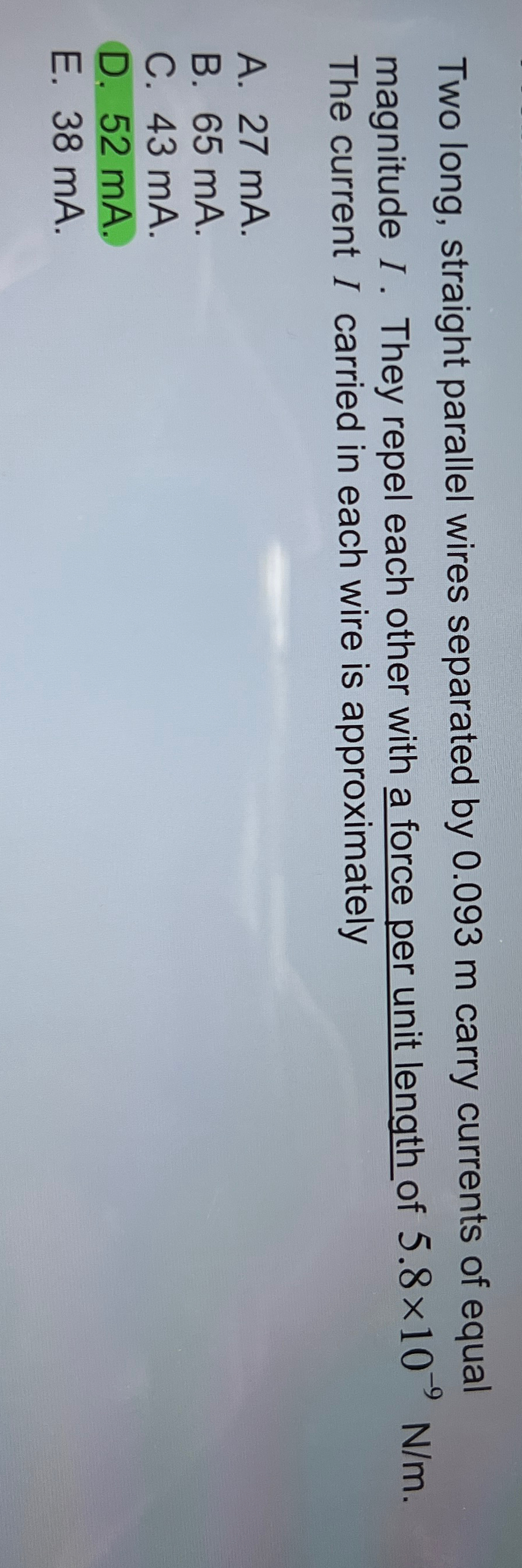Solved Two long, straight parallel wires separated by 0.093m | Chegg.com