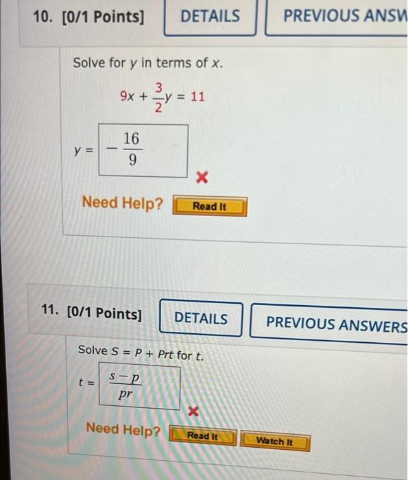 Solved 10. [0/1 Points] DETAILS PREVIOUS ANSW Solve for y in | Chegg.com