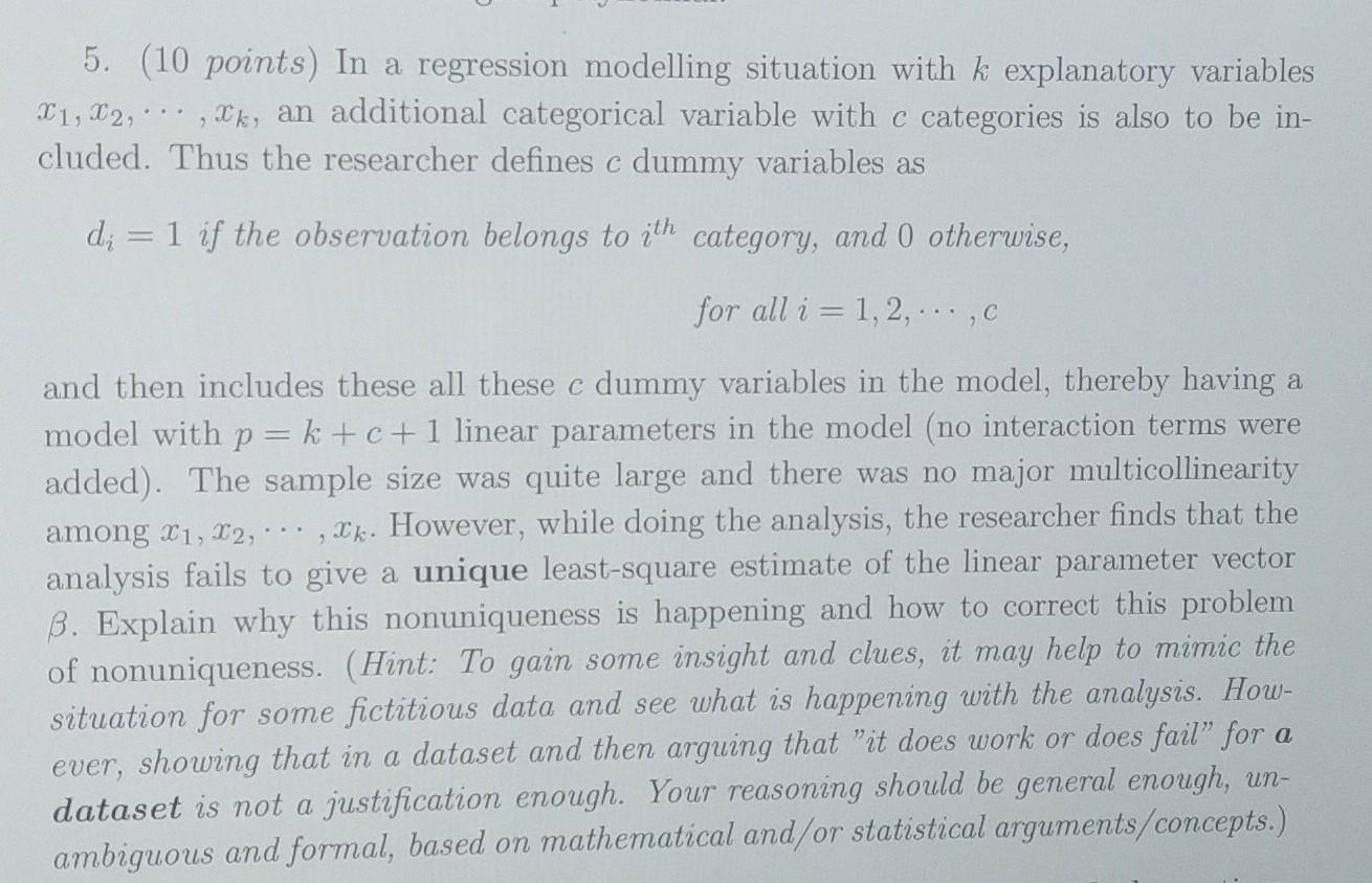 Solved 5. (10 points) In a regression modelling situation | Chegg.com