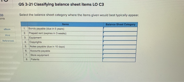 Solved QS 3-21 Classifying balance sheet items LO C3 33 | Chegg.com
