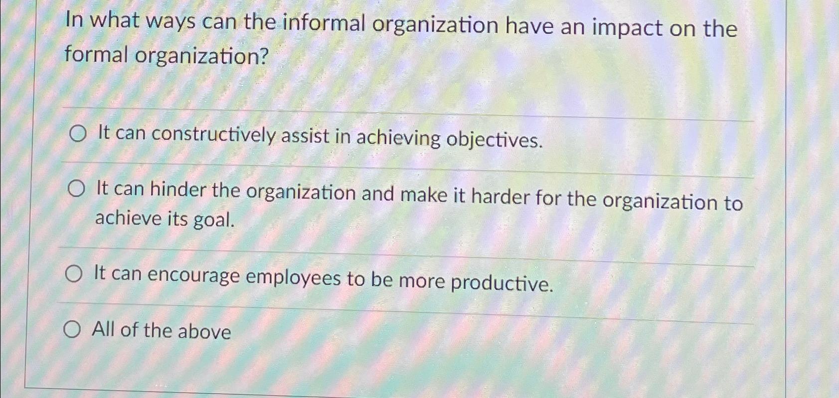 Solved In what ways can the informal organization have an | Chegg.com