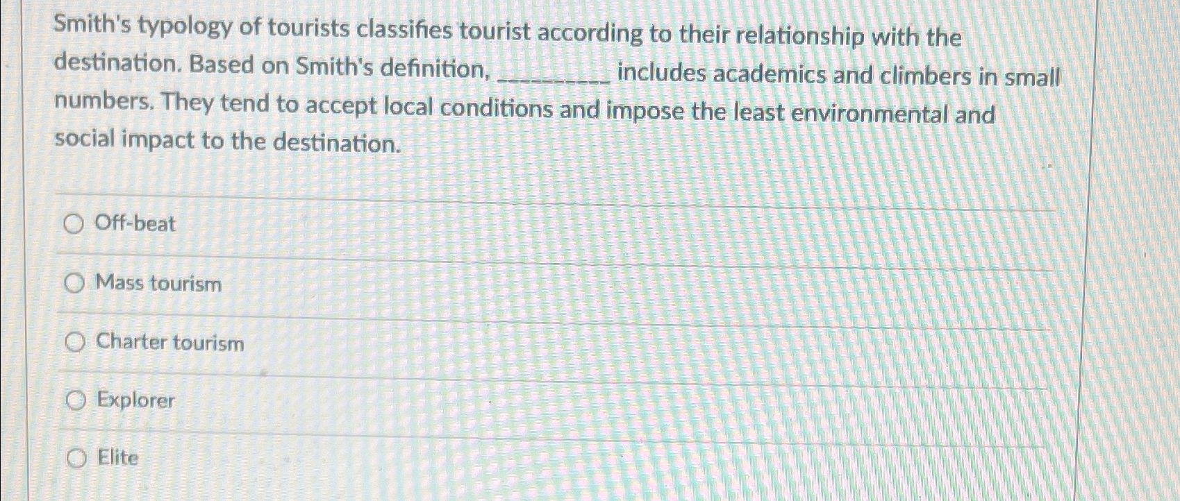 Solved Smith's typology of tourists classifies tourist | Chegg.com
