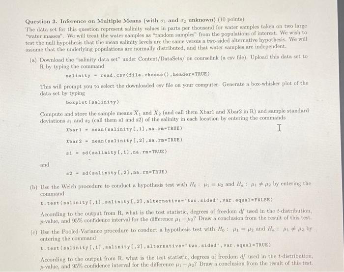 Solved Question 3. Inference on Multiple Means (with σ1 and | Chegg.com