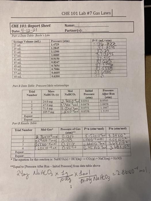 CHE 101 Lab #7 Gas Laws CHE 101: Report Sheet Name: | Chegg.com