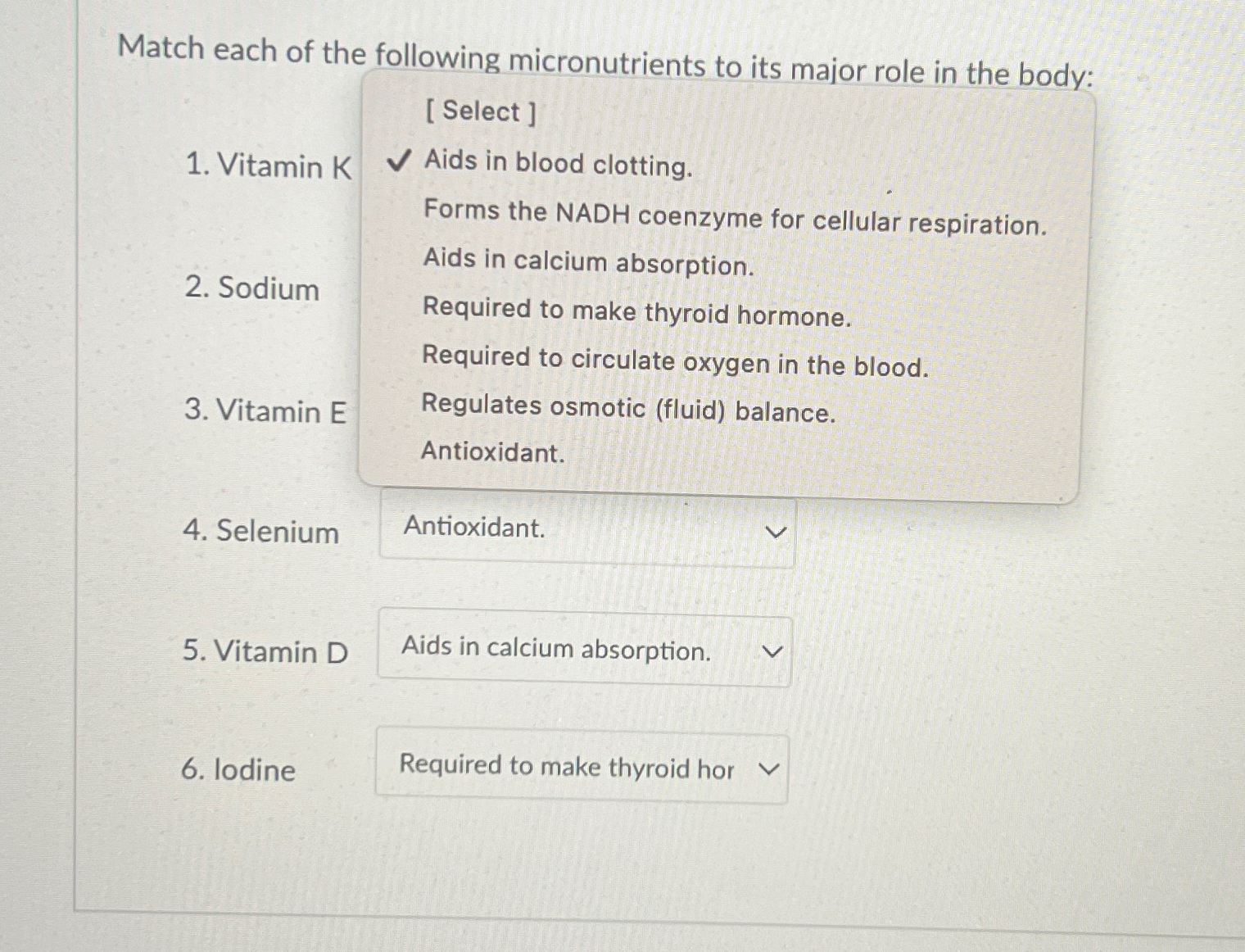 Solved Match each of the following micronutrients to its | Chegg.com