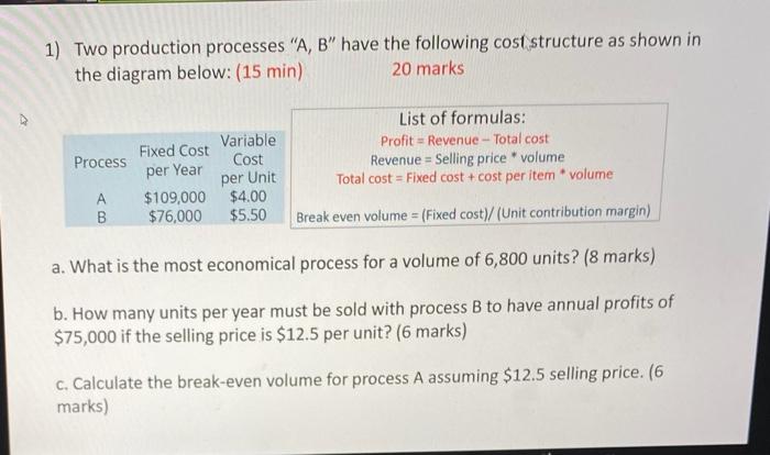 Solved 1) Two production processes "A, B' have the following | Chegg.com