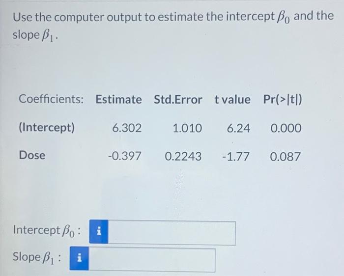 Solved Use the computer output to estimate the intercept Bo | Chegg.com