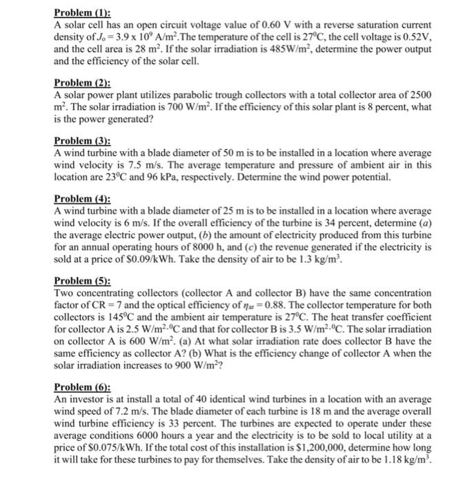 Solved Problem (1): A solar cell has an open circuit voltage | Chegg.com