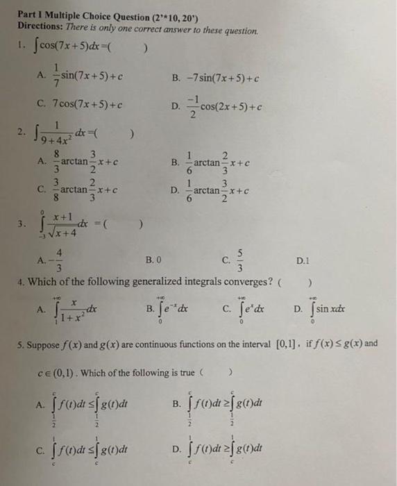 Solved Part I Multiple Choice Question (2 ∗10,20 ') | Chegg.com