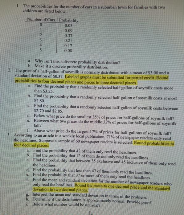 Solved 1. The probabilities for the number of cars in a | Chegg.com