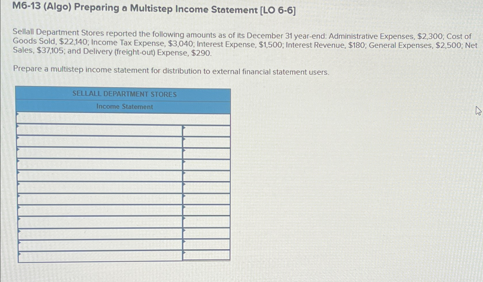 Solved M6-13 (Algo) ﻿Preparing a Multistep Income Statement | Chegg.com